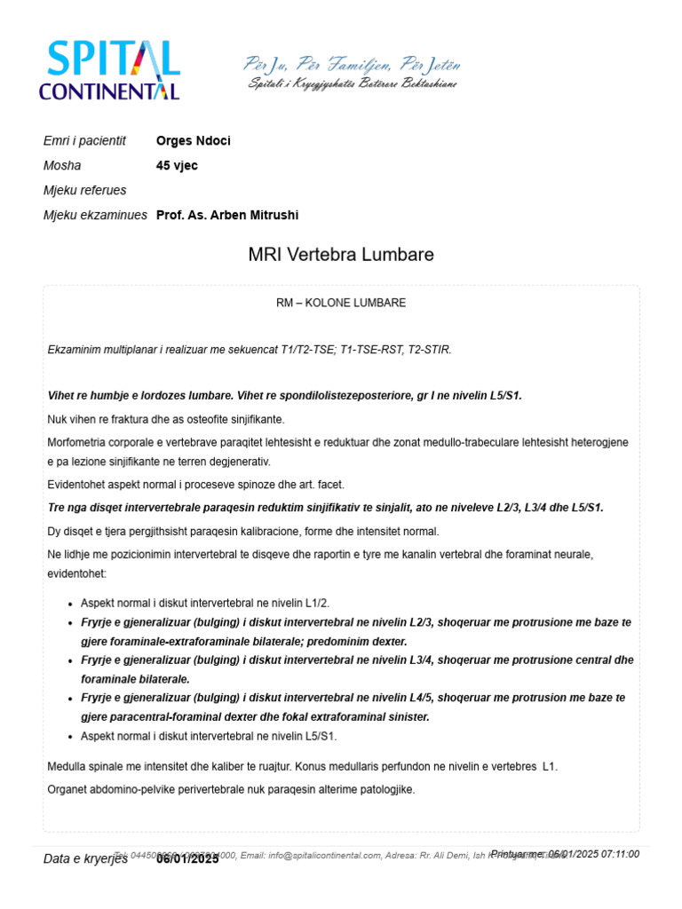 MRI Vertebra Lumbare - Orges Ndoci | PDF