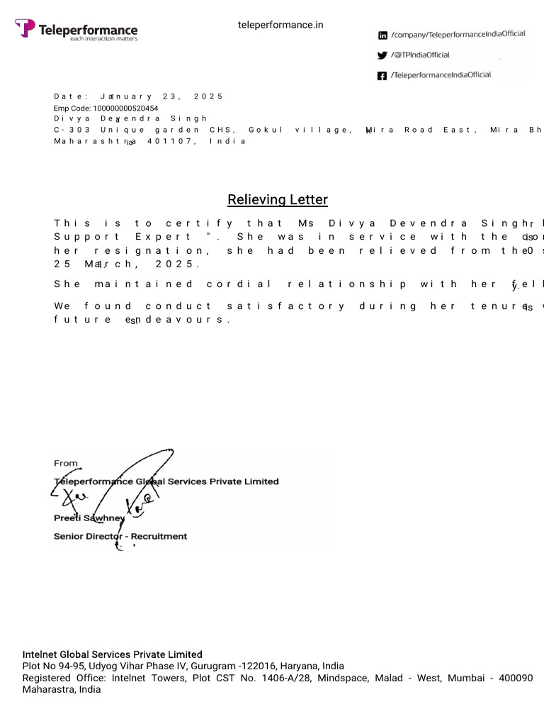 Teleperformance Relieving Letter | PDF