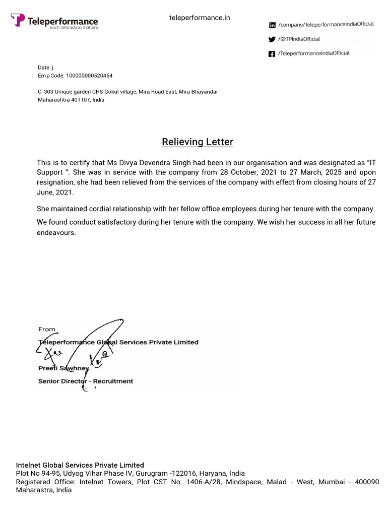 Teleperformance Relieving Letter | PDF