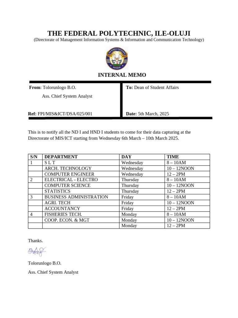 Data Capturing of All ND I and HND I Students For The Production of Id ...