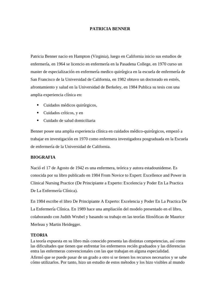 Teoría de Benner en Enfermería Clínica | PDF | Enfermería | Experiencia