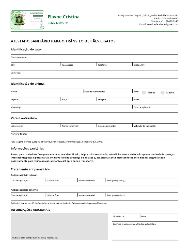 Atestado Sanitário para o Trânsito de Cães e Gatos | PDF