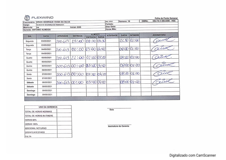 Folha Ponto Semana 18 Erick Henrique | PDF