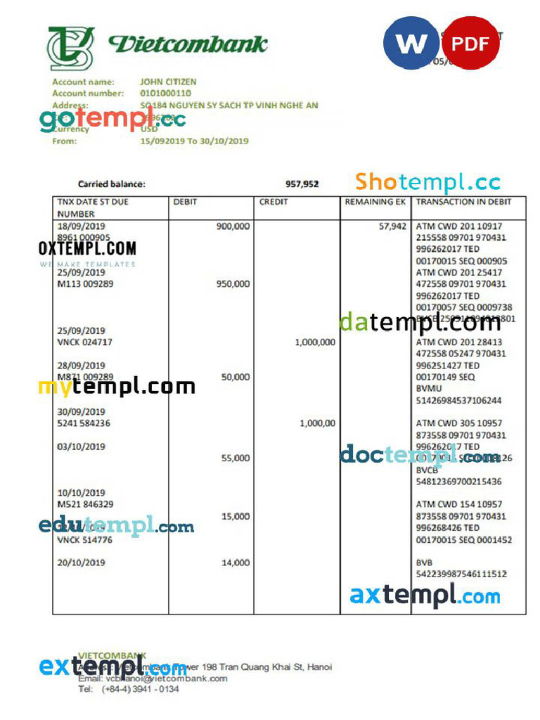 Doctempl - Vietnam Vietcombank Proof of Address Statement Template in ...