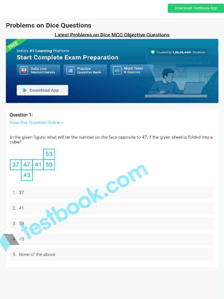 MCQ On Problems On Dice 5eea6a0e39140f30f369e467 | PDF