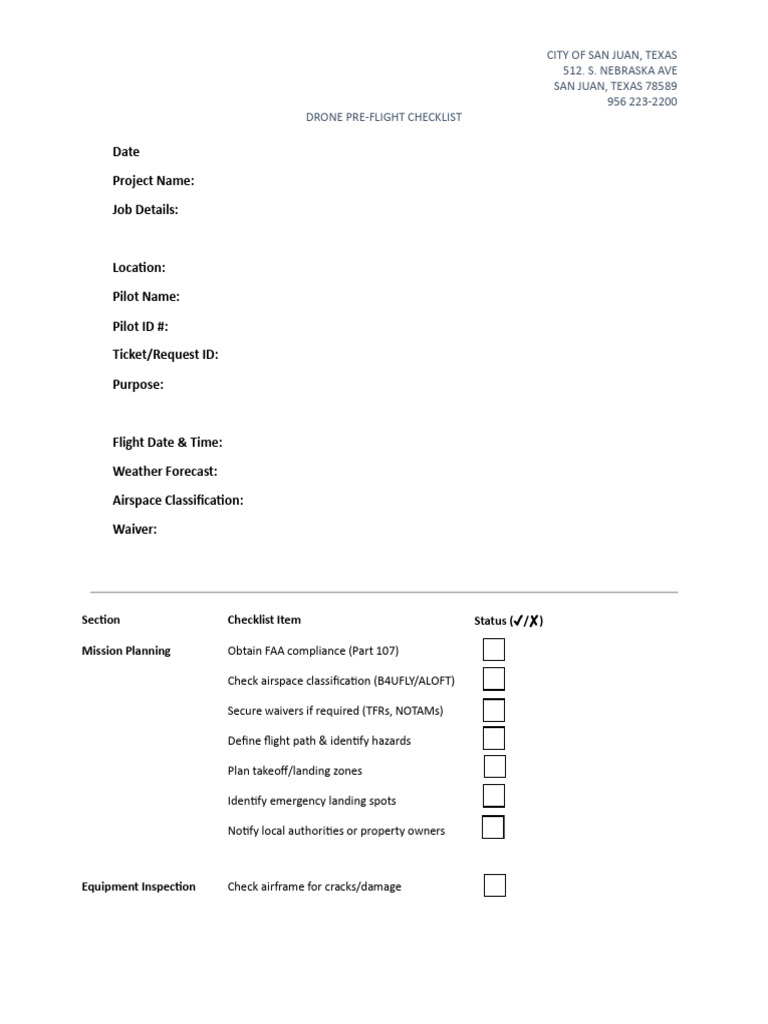 Drone Pre-Flight Checklist Fillable | PDF | Unmanned Aerial Vehicle | Aviation Safety