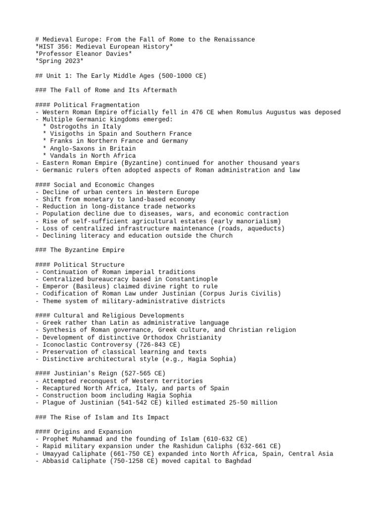World History Medieval Europe Notes | PDF | Byzantine Empire | Middle Ages