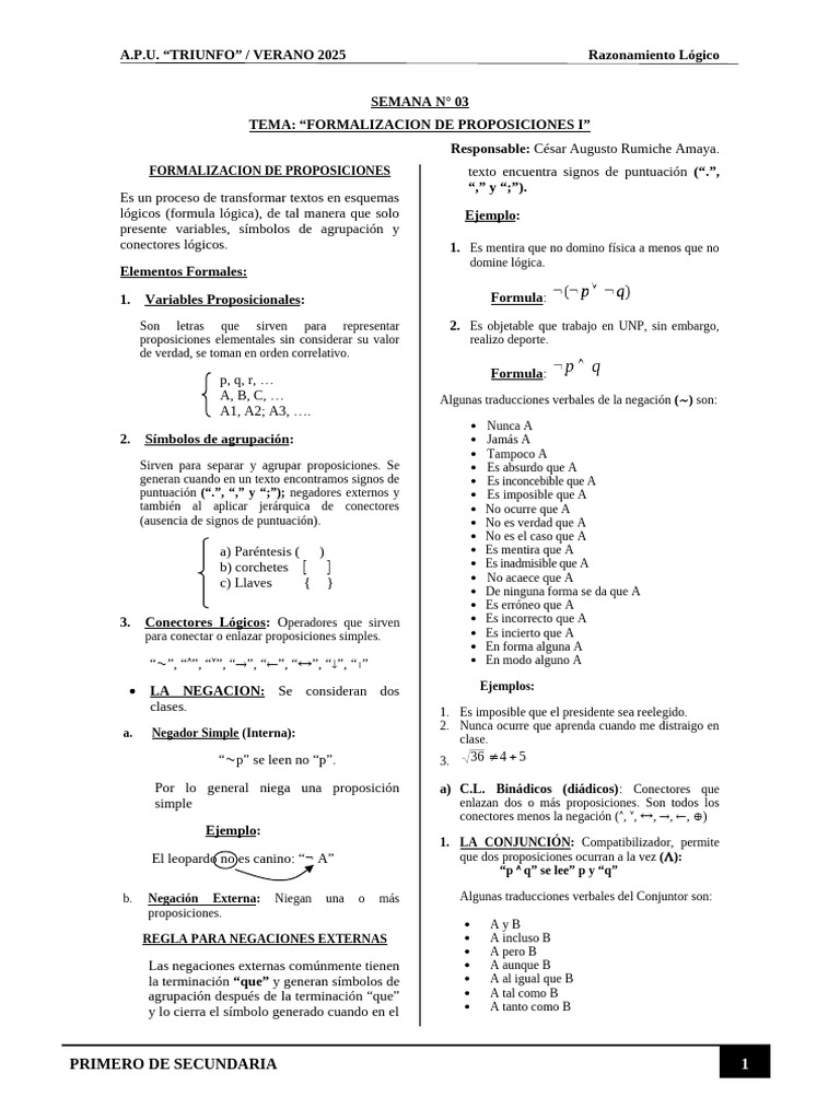 Semana #03 - FORMALIZACION DE PROPOSICIONES I - RL 2025 | PDF | Proposición | Sintaxis (Lógica)