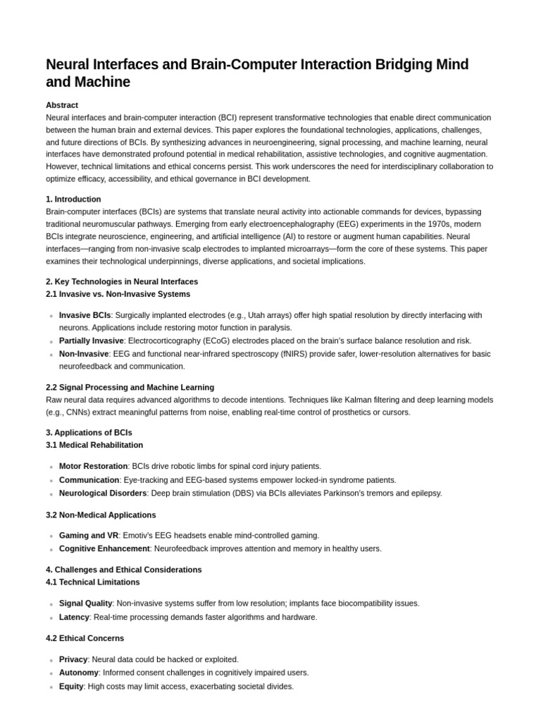 Neural Interfaces and Brain-Computer Interaction Bridging Mind and Machine | PDF | Nervous ...