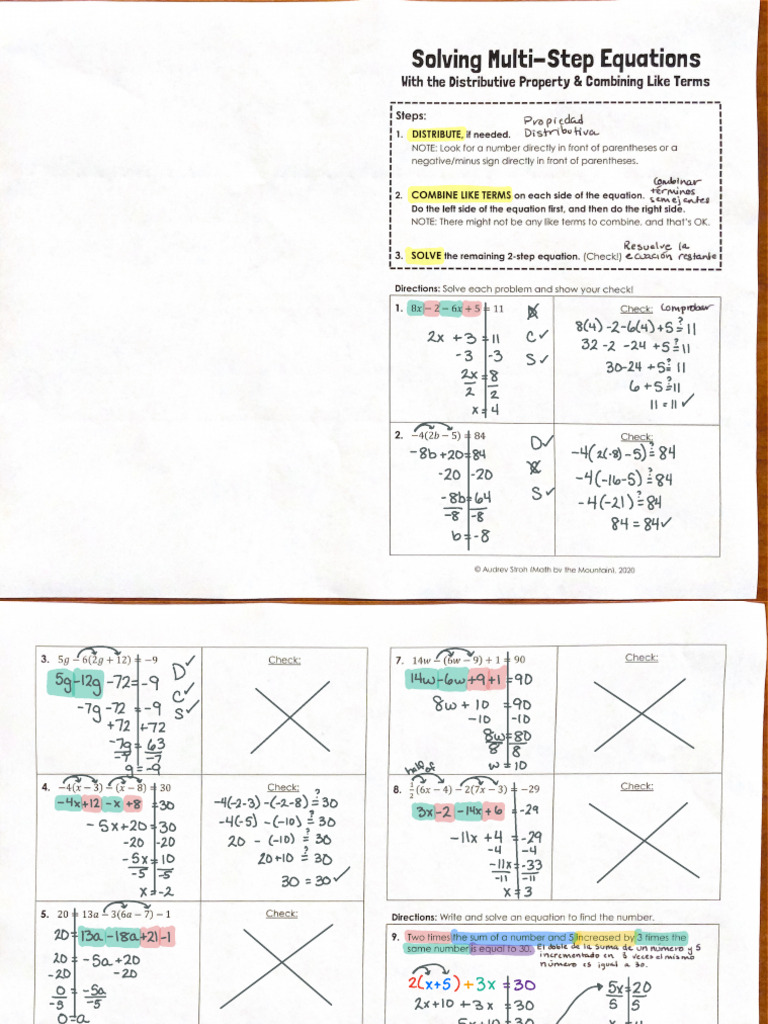 Solving Multi-Step Equations with the Variable on One Side Notes | PDF