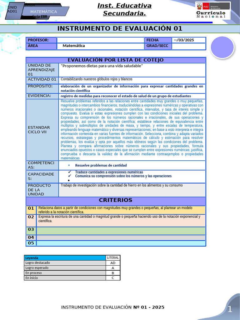 Instrumento S1 (U1) (5° Grado) - MATEMÁTICA | PDF | Matemáticas