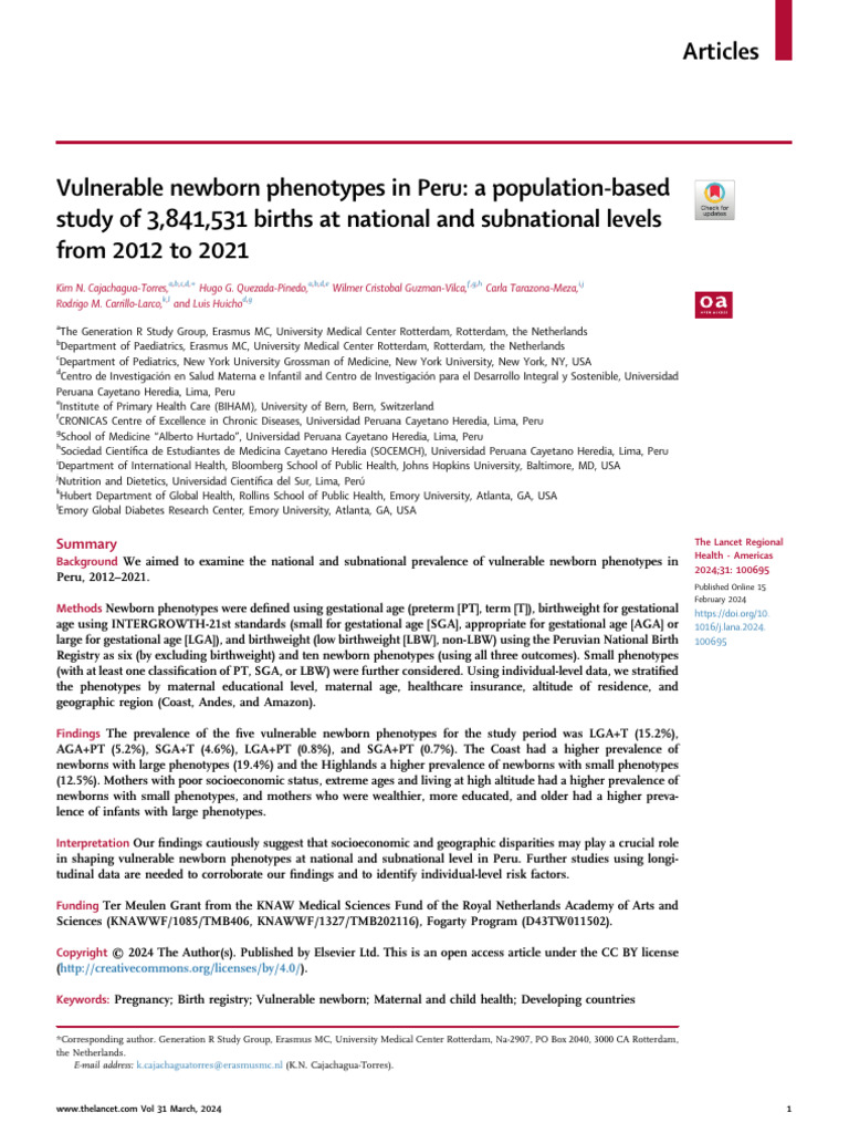 Vulnerable Newborn Phenotypes in Peru A Populatio | PDF | Preterm Birth ...