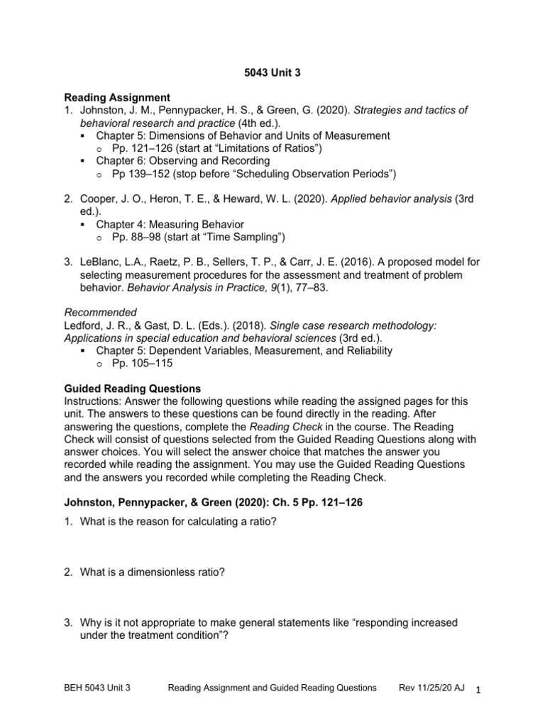 BEH 5043 Unit 3 Reading Assignment and Guided Reading Questions | PDF | Methodology | Scientific ...