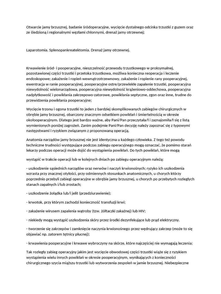 Zgoda Na Operację Trzustki - OPERACJA SPLENOPANKREATEKTOMIA | PDF
