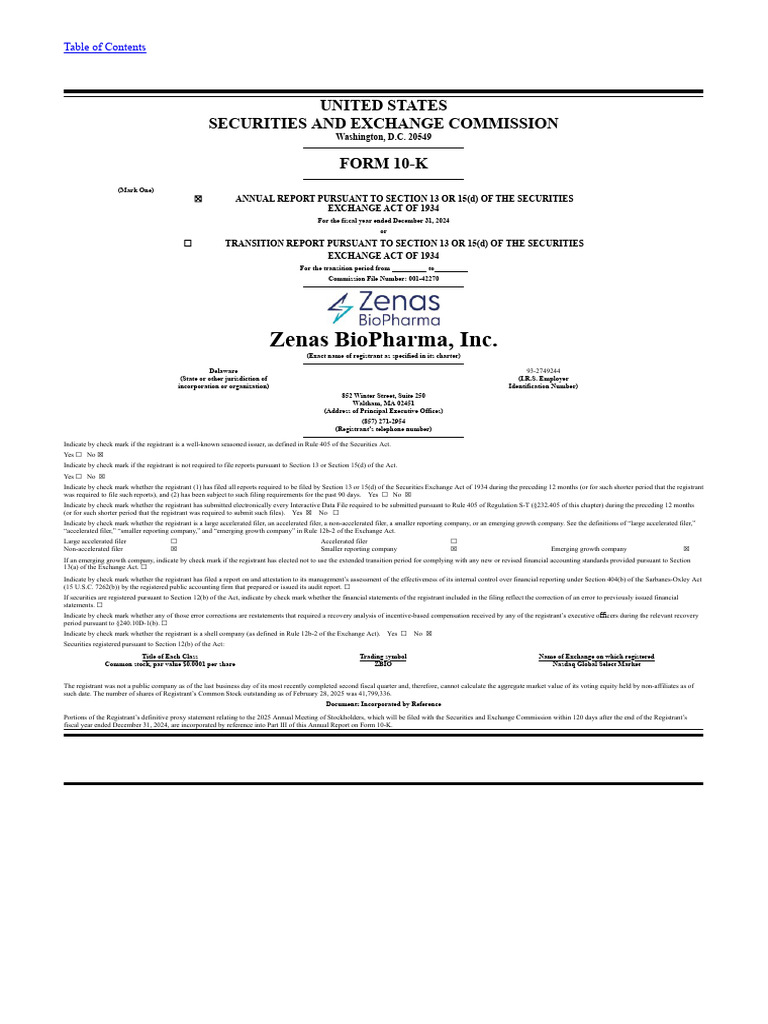 Zenas BioPharma 10K 31dec2024 | PDF | B Cell | Antibody