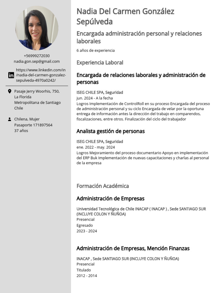 CV Nadia Del Carmen González Sepúlveda | PDF