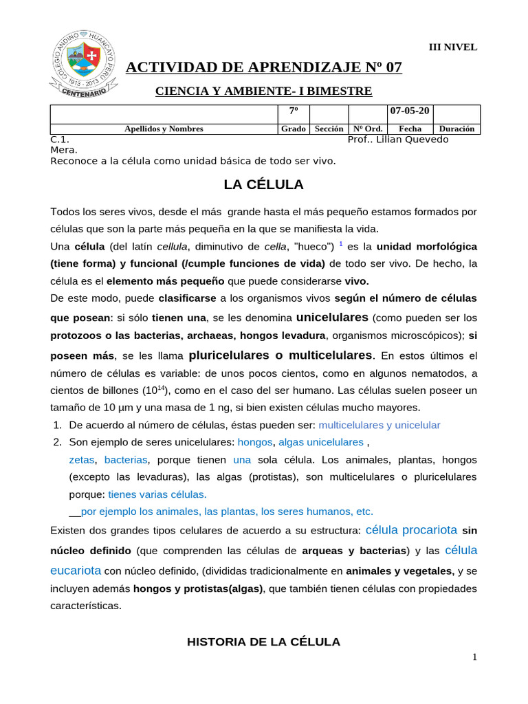 Actividad 07 - Nivel Celular | PDF | Biología Celular) | Microscopio