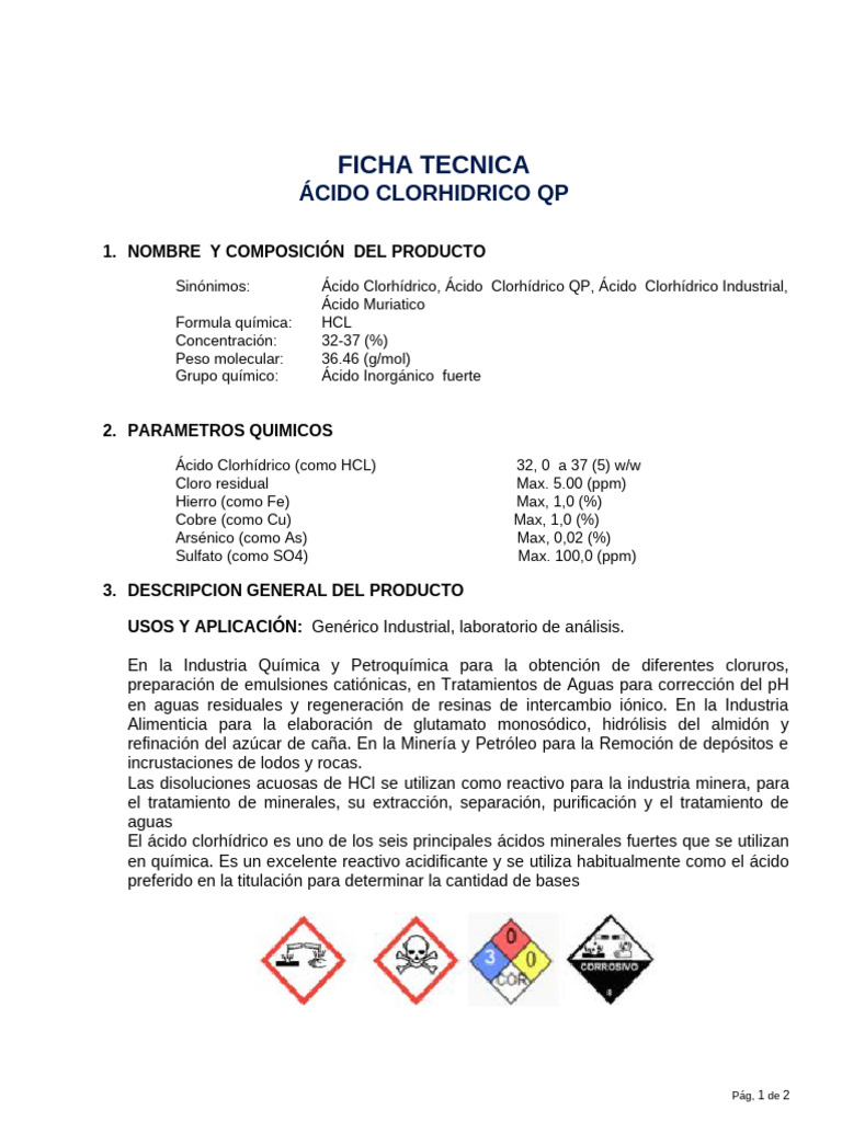 Ficha Tecnica Acido Clorhidrico | PDF | Ácido clorhídrico | Ácido