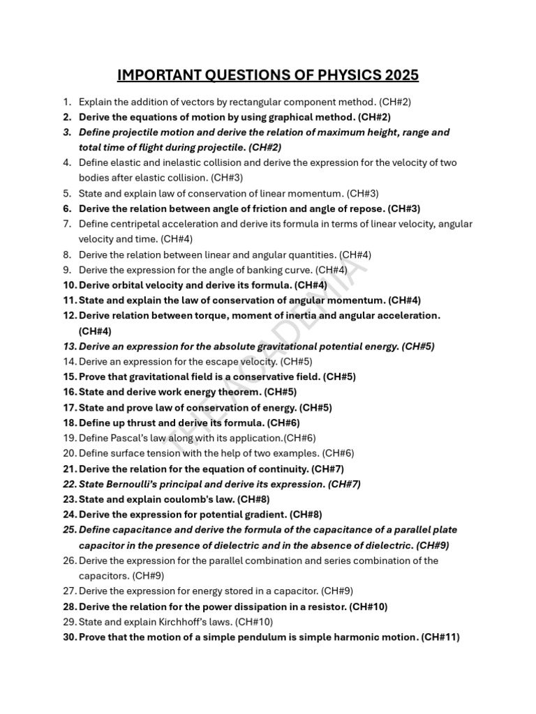 Xi Phy Important Questions 2025-1 | PDF | Velocity | Momentum