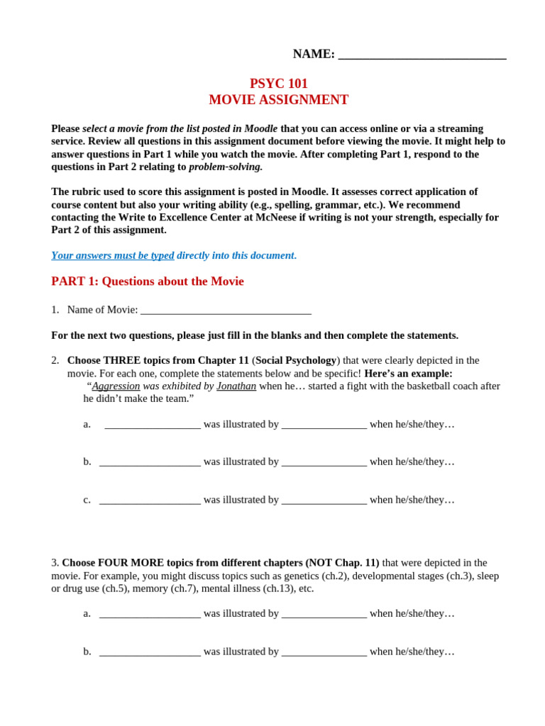 Psyc 101 Movie Assignment 2024-2025 | PDF | Cognitive Science | Cognition