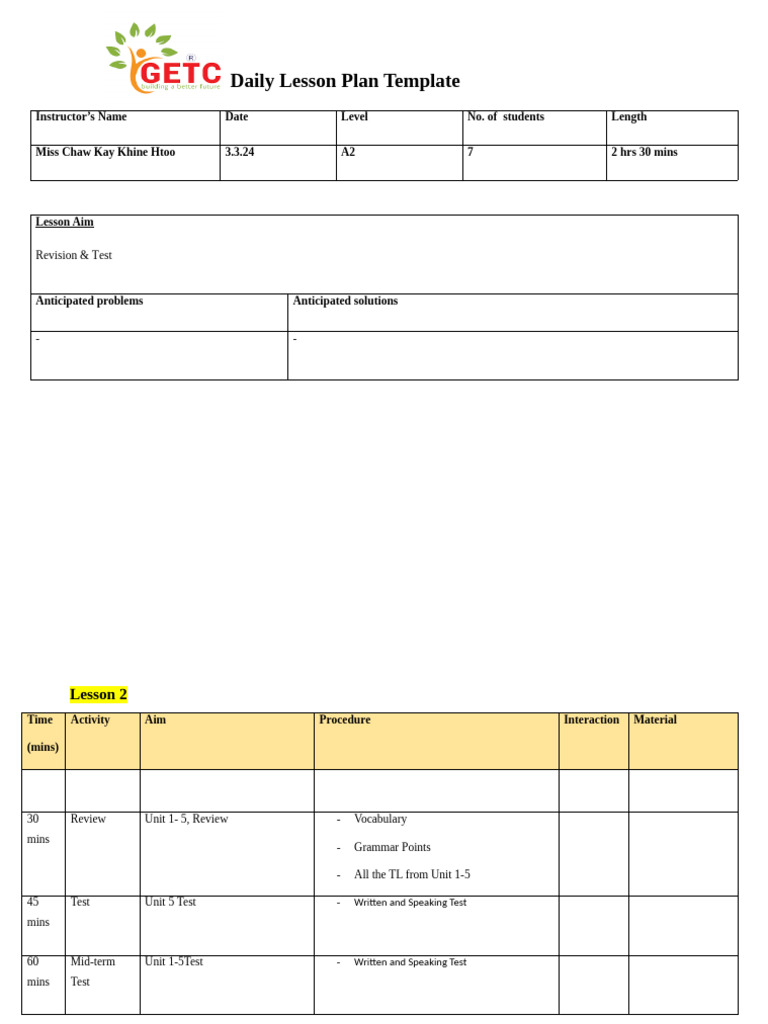 A2 Daily Lesson Plan Template | PDF