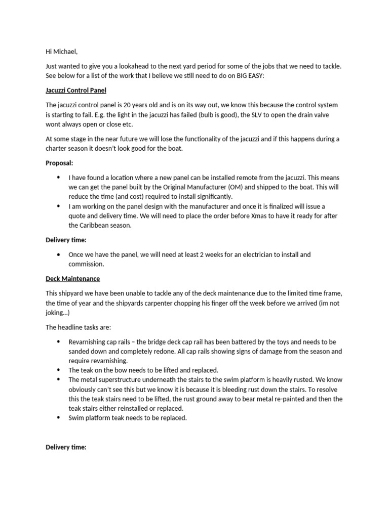 Upcoming Maintenance Tasks for BIG EASY | PDF