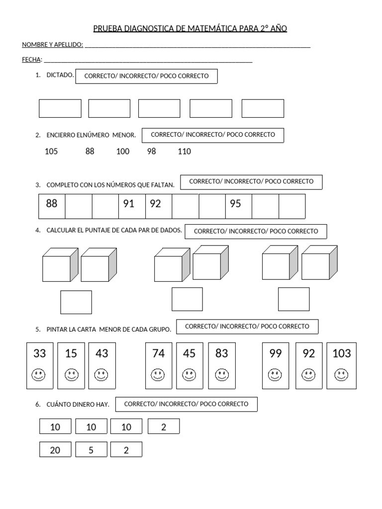Prueba Diagnostica de Matemática para 2º Año | PDF