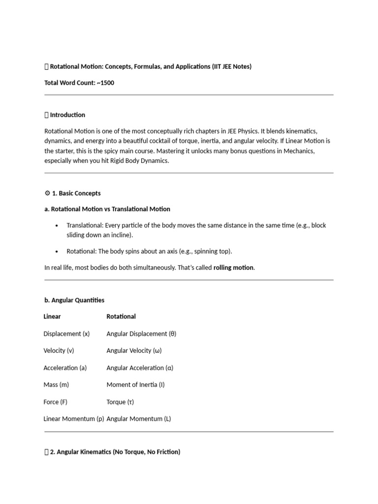 01-Physics (IIT JEE) Rotational Motion Concepts, Formulas, and Applications | PDF | Rotation ...