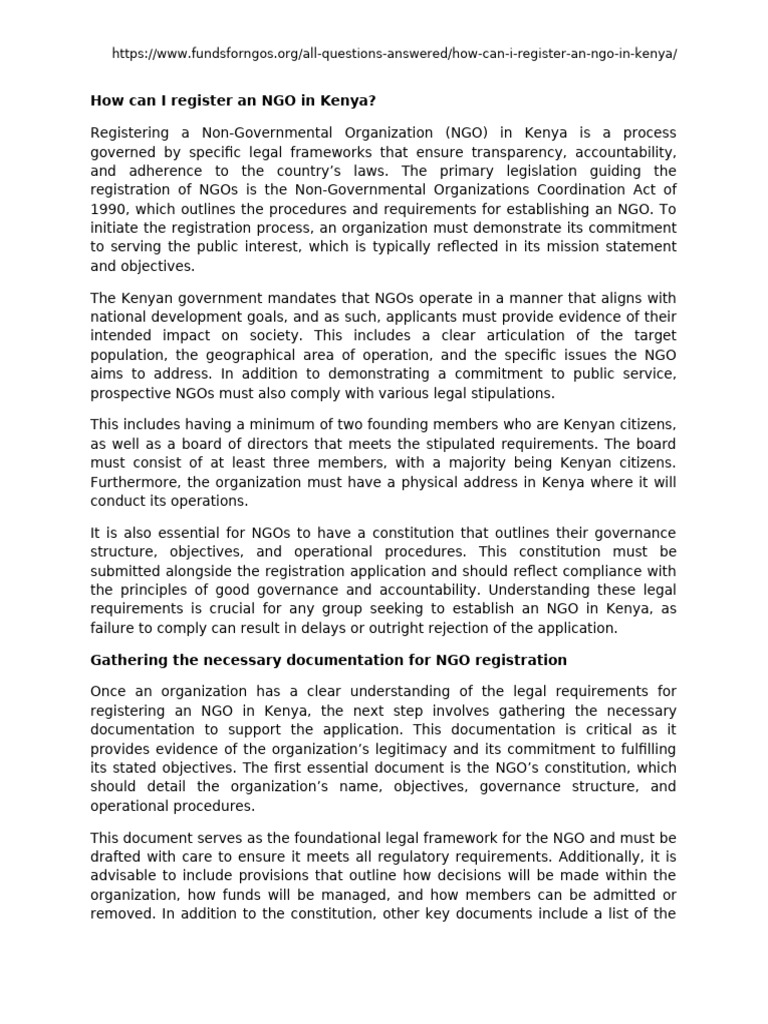 Steps to Register an NGO in Kenya - a Detailed description | PDF | Non ...