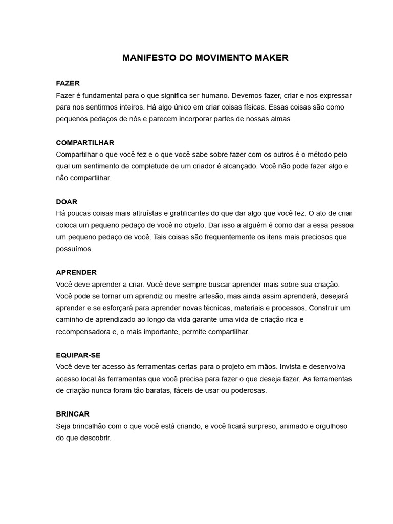 Manifesto do Movimento Maker: Criar e Compartilhar | PDF