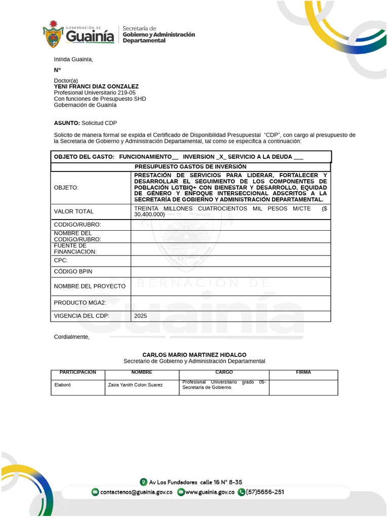 Solicitud de Cdp- Mirama 2025 | PDF