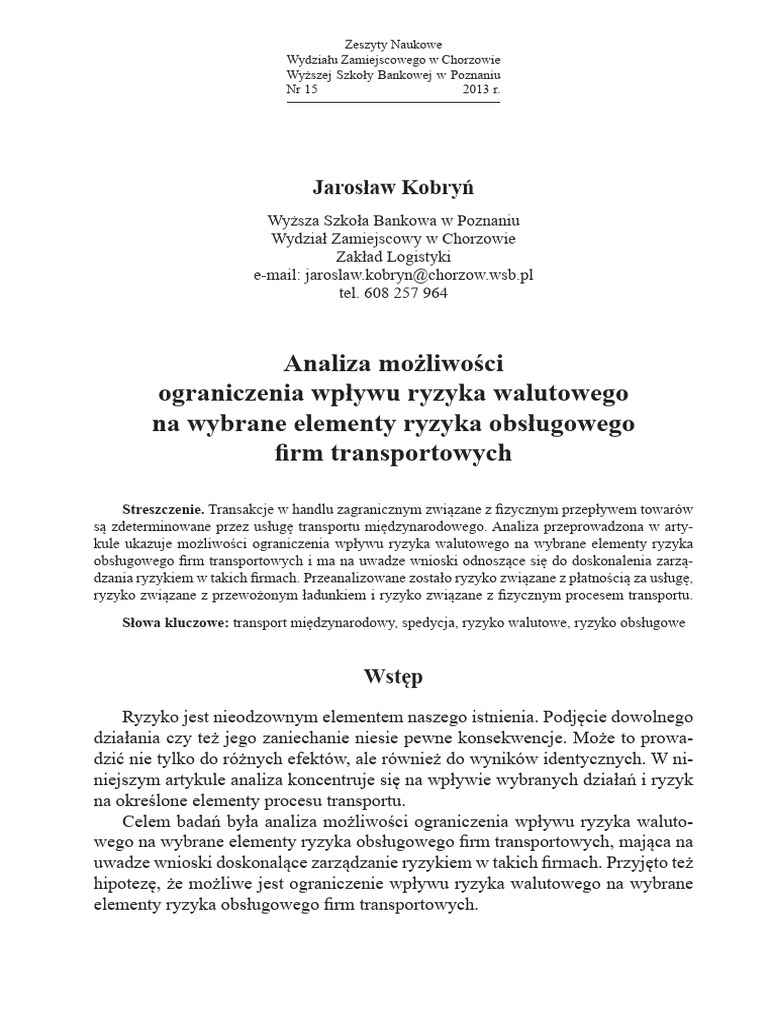 Analiza Mo - Liwo - Ci Ograniczenia WP - Ywu Ryzyka Walutowego Na Wybrane Elementy | PDF