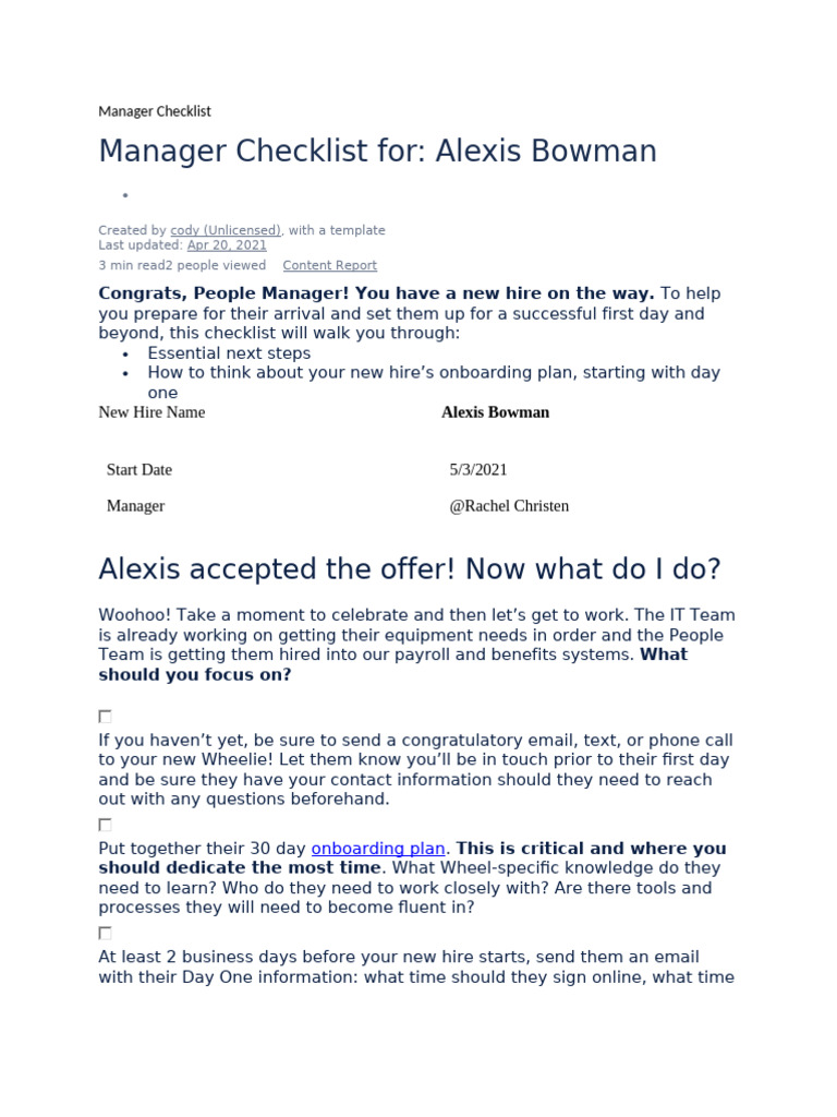 New Manager Onboarding Checklist | PDF