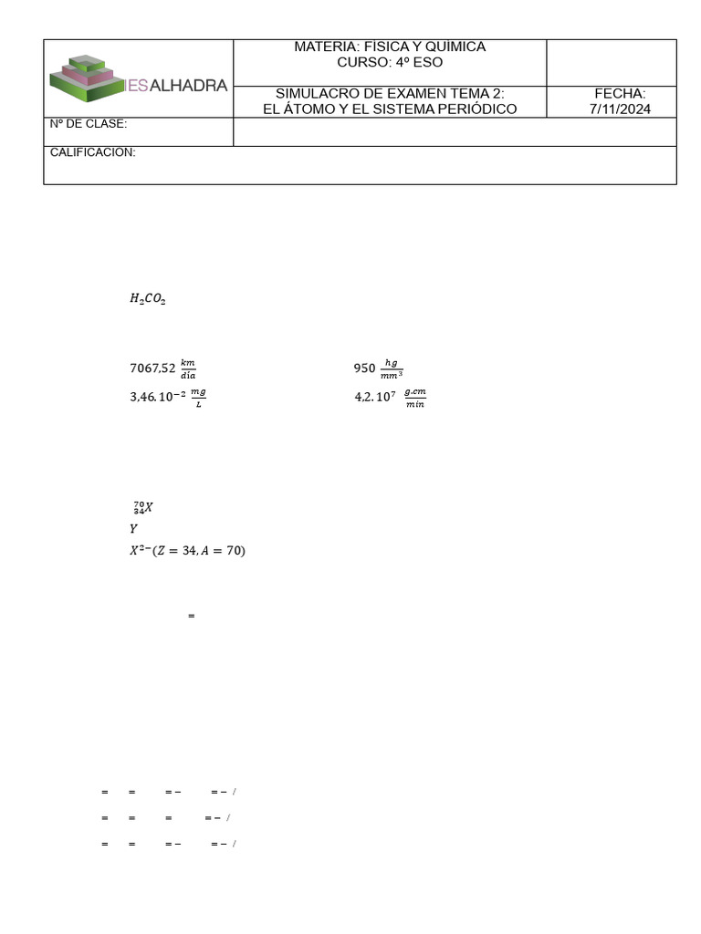 24-25 Simulacro de Examen Tema 2 | PDF | Configuración electronica | Orbital atómico