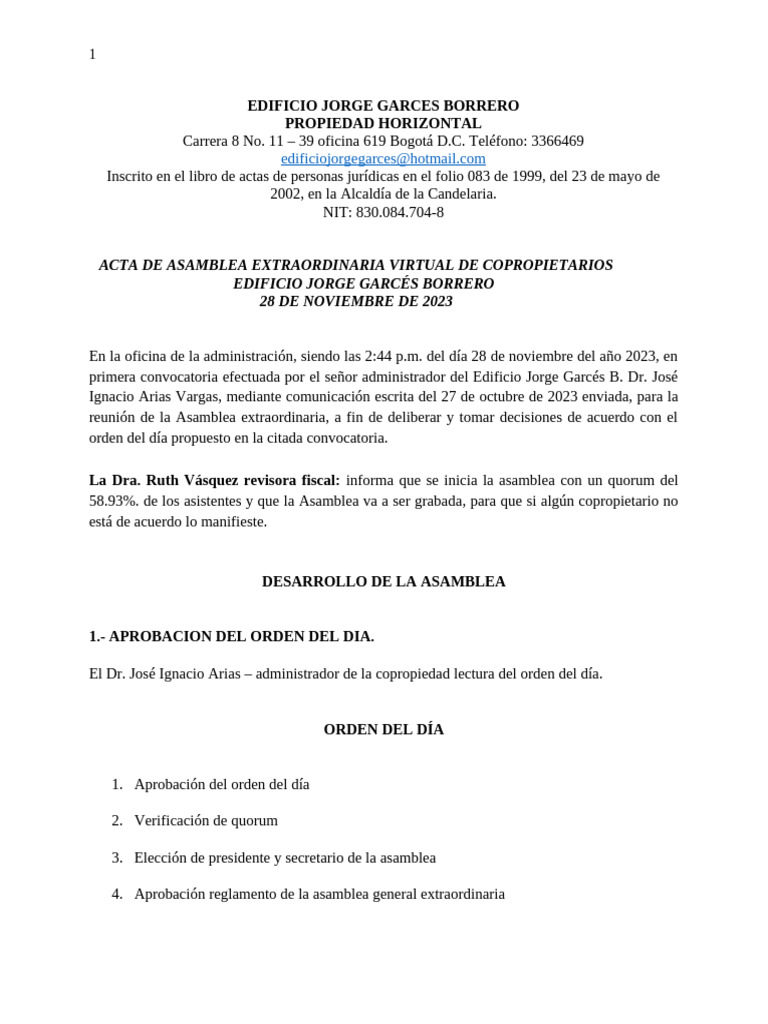 Acta Asamblea Extraordinaria Edificio Jorge Garcés Borrero 28 de Noviembre Del 2023 | PDF ...