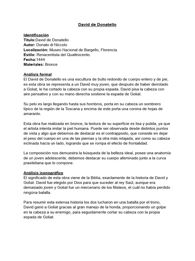 David de Donatello: Escultura Renacentista | PDF