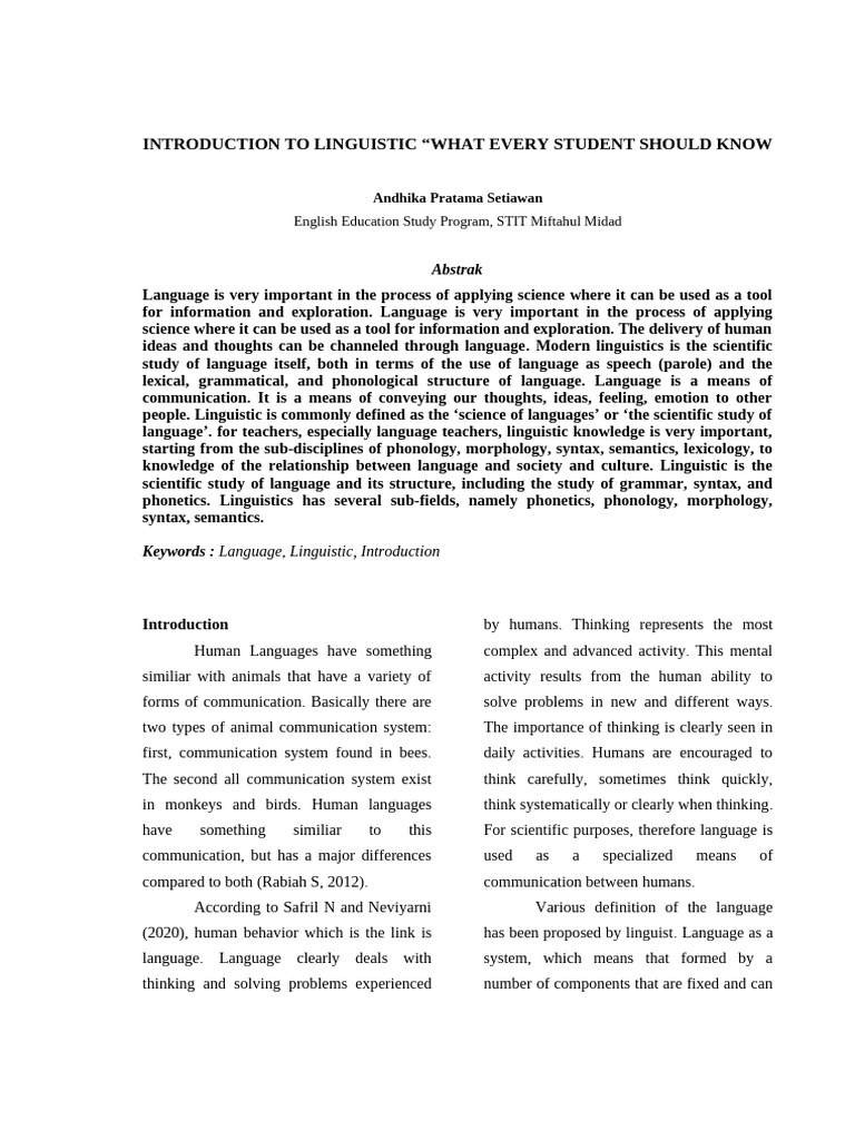 UTS - INTRO TO LINGUISTIC - Andhika Pratama Setiawan | PDF | Linguistics | Semantics