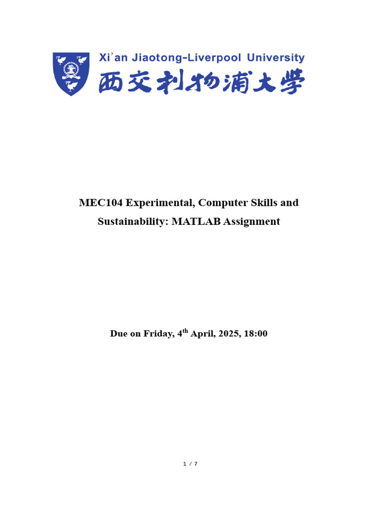 Mec104 Matlab Assignment 2024-25 | PDF | Matrix (Mathematics) | Matlab