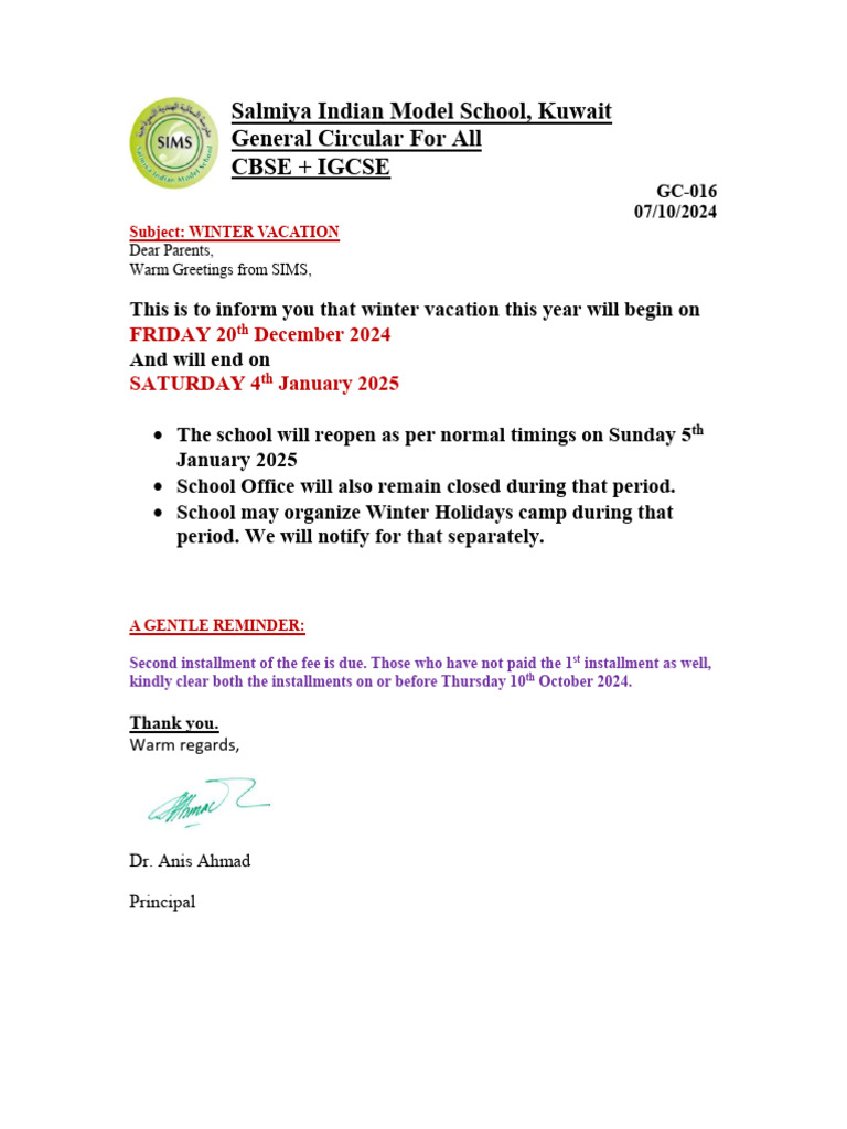 Winter Vacation Notice 2024-2025 | PDF