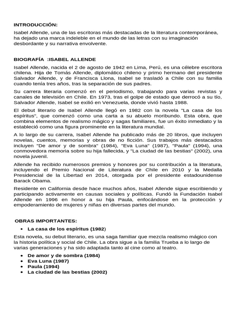 Isabel Allende: Biografía y Obras Clave | PDF