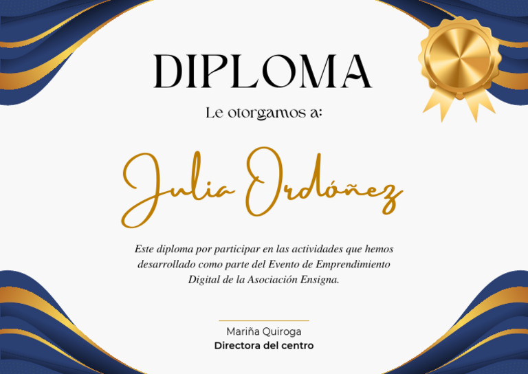 Certificado Diploma de Participación Clásico Elegante Azul y Dorado ...