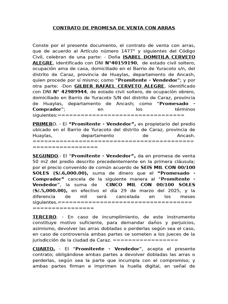 CONTRATO DE PROMESA DE VENTA CON ARRAS | PDF