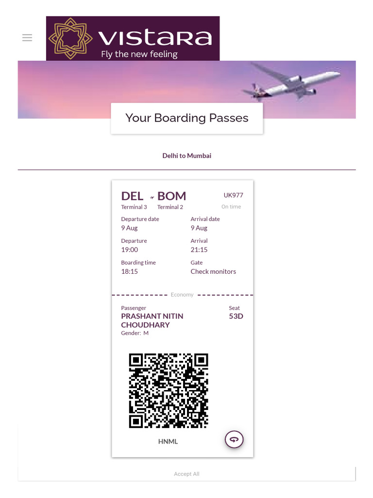 Vistara Check-In - Boarding Pass | PDF