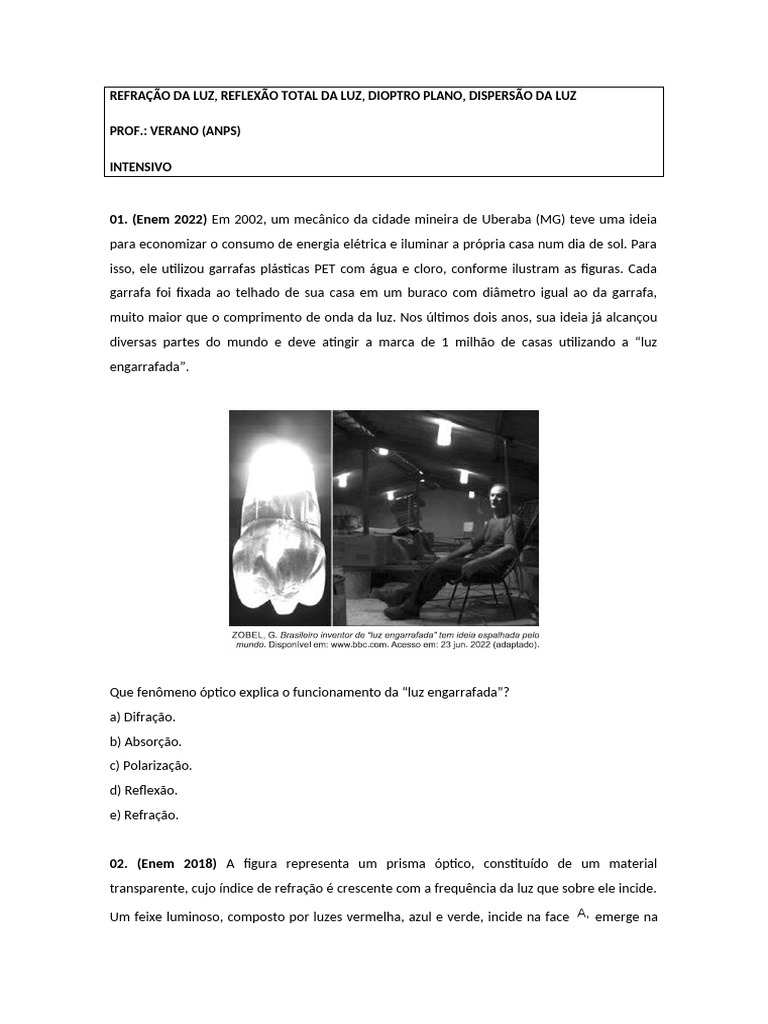Refração, Reflexão Total Da Luz, Dioptro Plano e Dispersão Da Luz | PDF ...