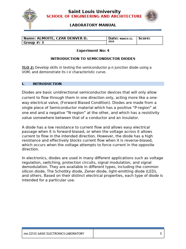 ALMOITE_BasicElecLab_Expt4_Individual_Report | PDF | Diode | P–N Junction