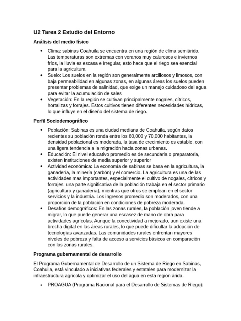 U2 Tarea 2 Estudio Del Entorno | PDF | Riego | Agricultura