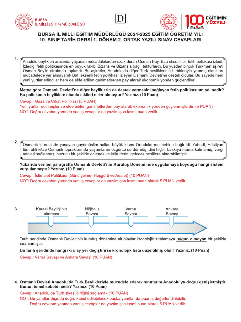 Tarih 10 Sinif D Kitapcigi Cevaplari | PDF