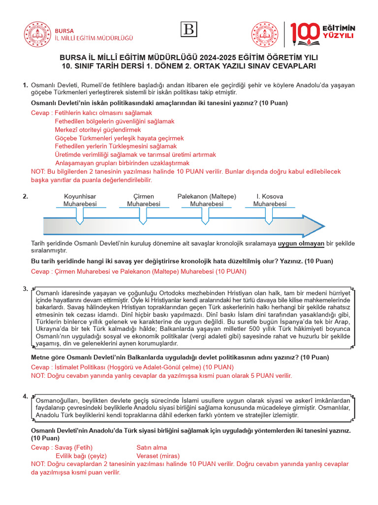 Tarih 10 Sinif B Kitapcigi Cevaplari | PDF