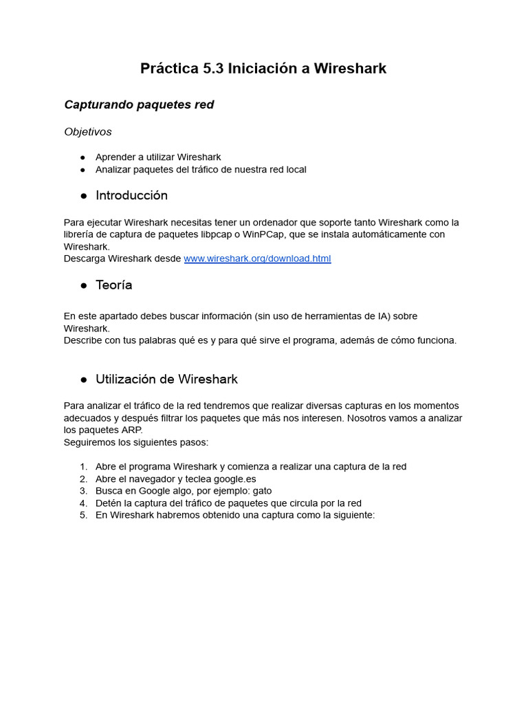 Práctica 5.3 Iniciación a Wireshark | PDF