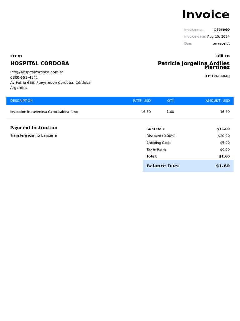Invoice: Hospital Cordoba Patricia Jorgelina Ardiles Martinez | PDF